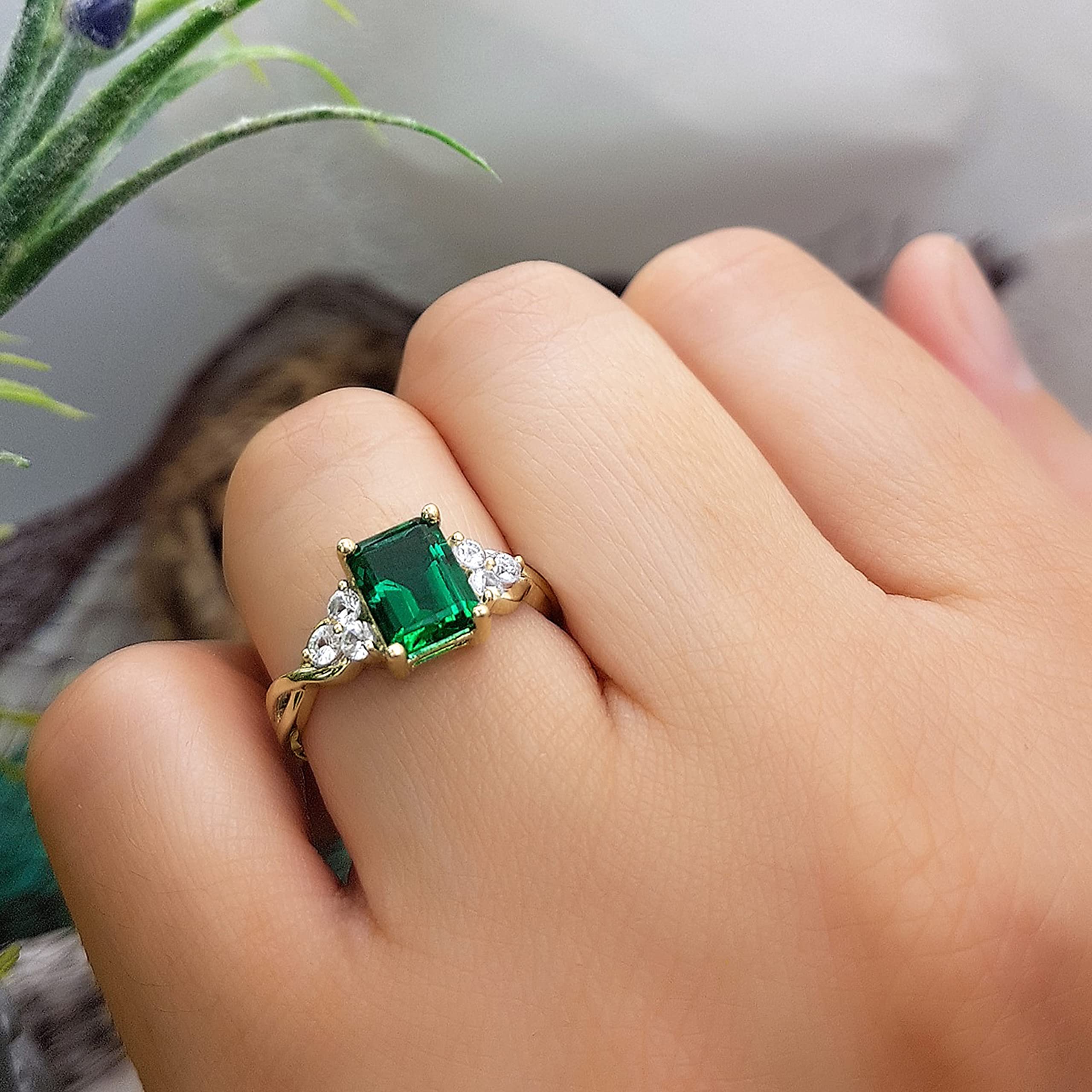 Dazzlingrock Collection 8x6mm Emerald Cut Center Emerald & 2.2mm Round Lab Created White Sapphire Crisscross Shank Engagement Ring for Women in 10K Yellow Gold Size 5