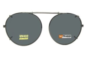 semi round polarized clip on sunglasses (pewter-polarized gray lens, 50mm wide x 47mm height)