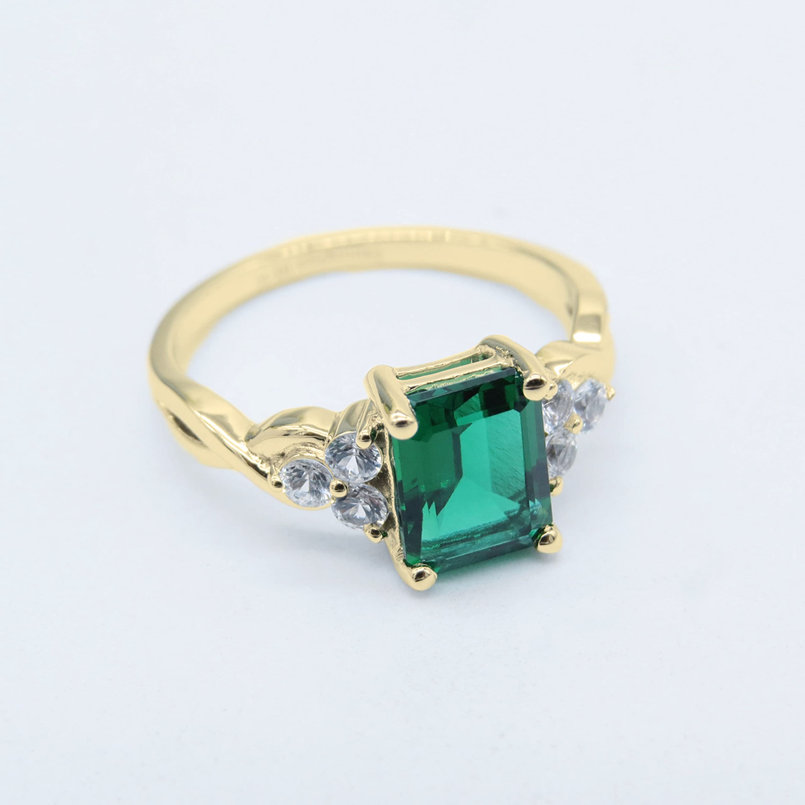 Dazzlingrock Collection 8x6mm Emerald Shape Center Lab Created Emerald & 2.2mm Round White Sapphire on Side Crisscross Shank Engagement Ring for Her in 18K Yellow Gold Size 7.5