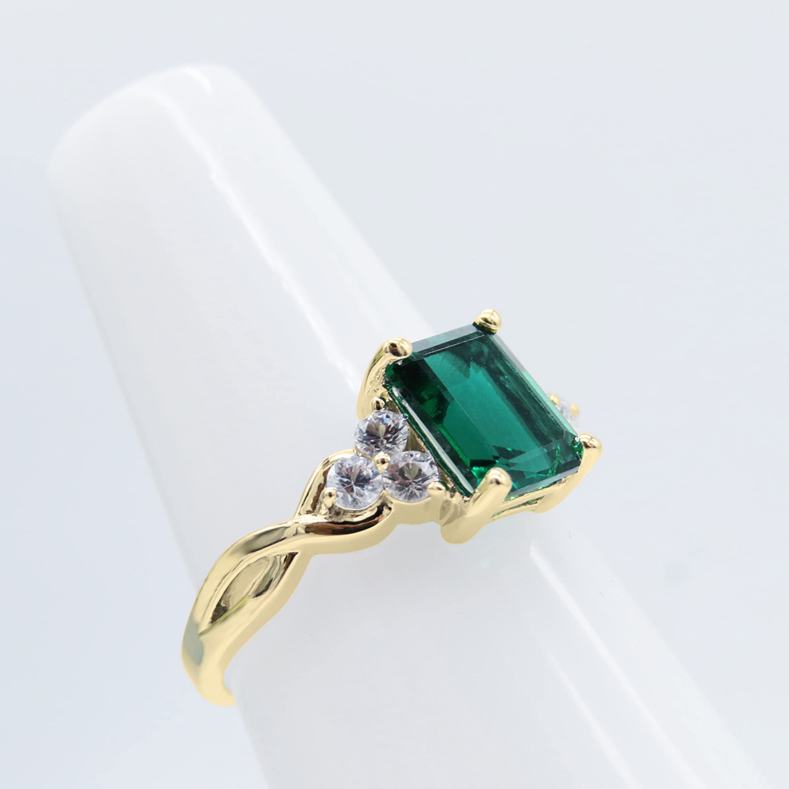 Dazzlingrock Collection 8x6mm Emerald Shape Center Lab Created Emerald & 2.2mm Round White Sapphire on Side Crisscross Shank Engagement Ring for Her in 18K Yellow Gold Size 7.5