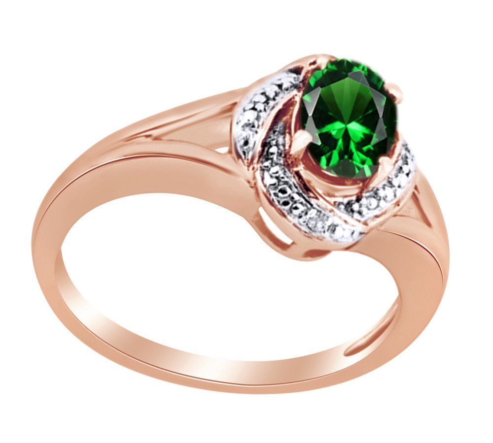 AFFY Simulated Simulated Green Emerald & White Natural Diamond Engagement Ring in 14k Rose Gold Over Sterling Silver Ring Size - 11