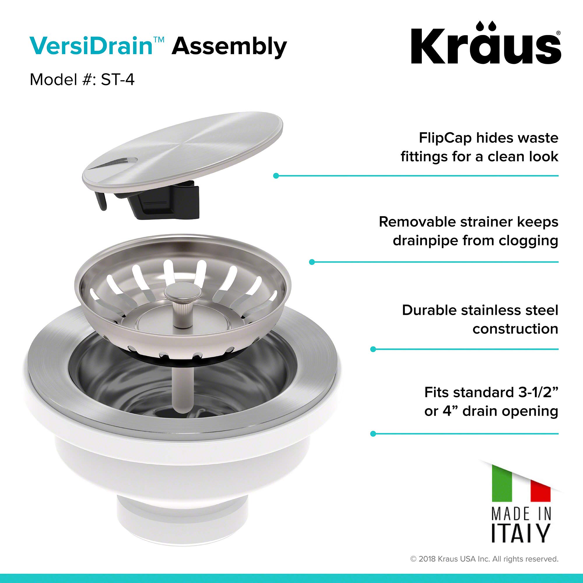 KRAUS Stainless Steel Versi Drain Assembly with FlipCap, ST-4