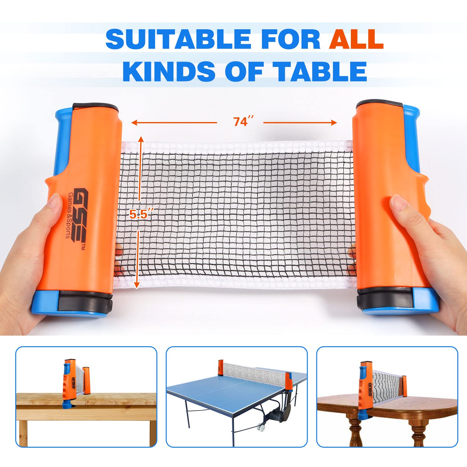 GSE Ping Pong Paddle Set, Portable Table Tennis Set with Retractable Ping Pong Net & Post, 2 Paddles & 3 Ping Pong Balls, Anywhere to-Go Ping Pong Game Set for Any Tables(Orange)