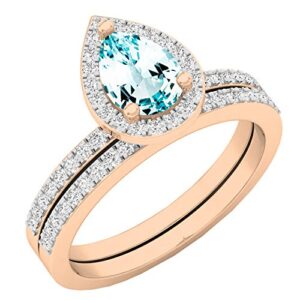 dazzlingrock collection 7x5 mm pear aquamarine & round diamond ladies teardrop wedding ring set in 10k rose gold, size 6