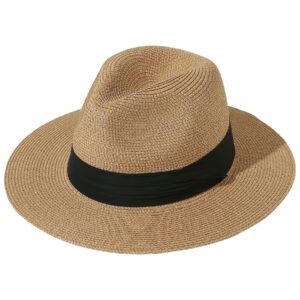 joyebuy womens upf50 foldable summer straw hat wide brim fedora sun beach hat (brown)