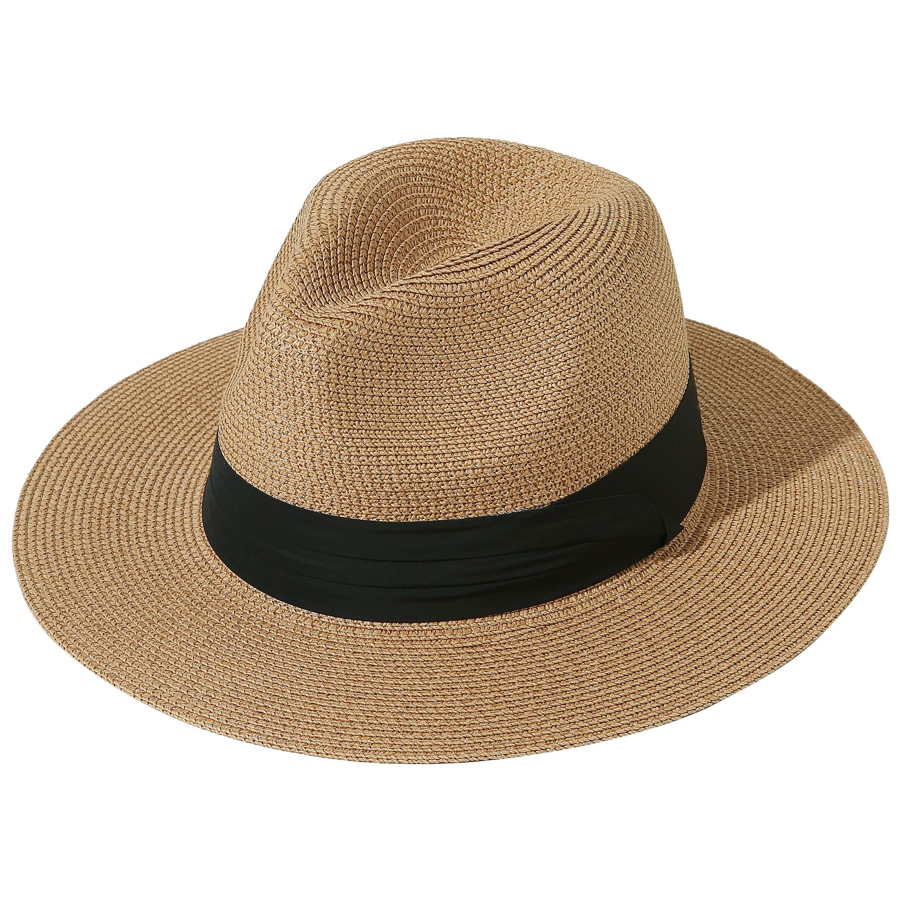 JOYEBUY Womens UPF50 Foldable Summer Straw Hat Wide Brim Fedora Sun Beach hat (Brown)