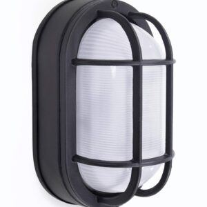 CORAMDEO Outdoor 8.5” Oval LED Nautical Bulkhead Light, Flush Mount for Wall or Ceiling, Wet Location, 75W of Light, 800 Lumens, 3K, Black Cast Aluminum with Frosted Glass Lens