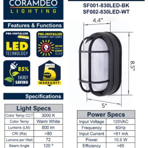 CORAMDEO Outdoor 8.5” Oval LED Nautical Bulkhead Light, Flush Mount for Wall or Ceiling, Wet Location, 75W of Light, 800 Lumens, 3K, Black Cast Aluminum with Frosted Glass Lens