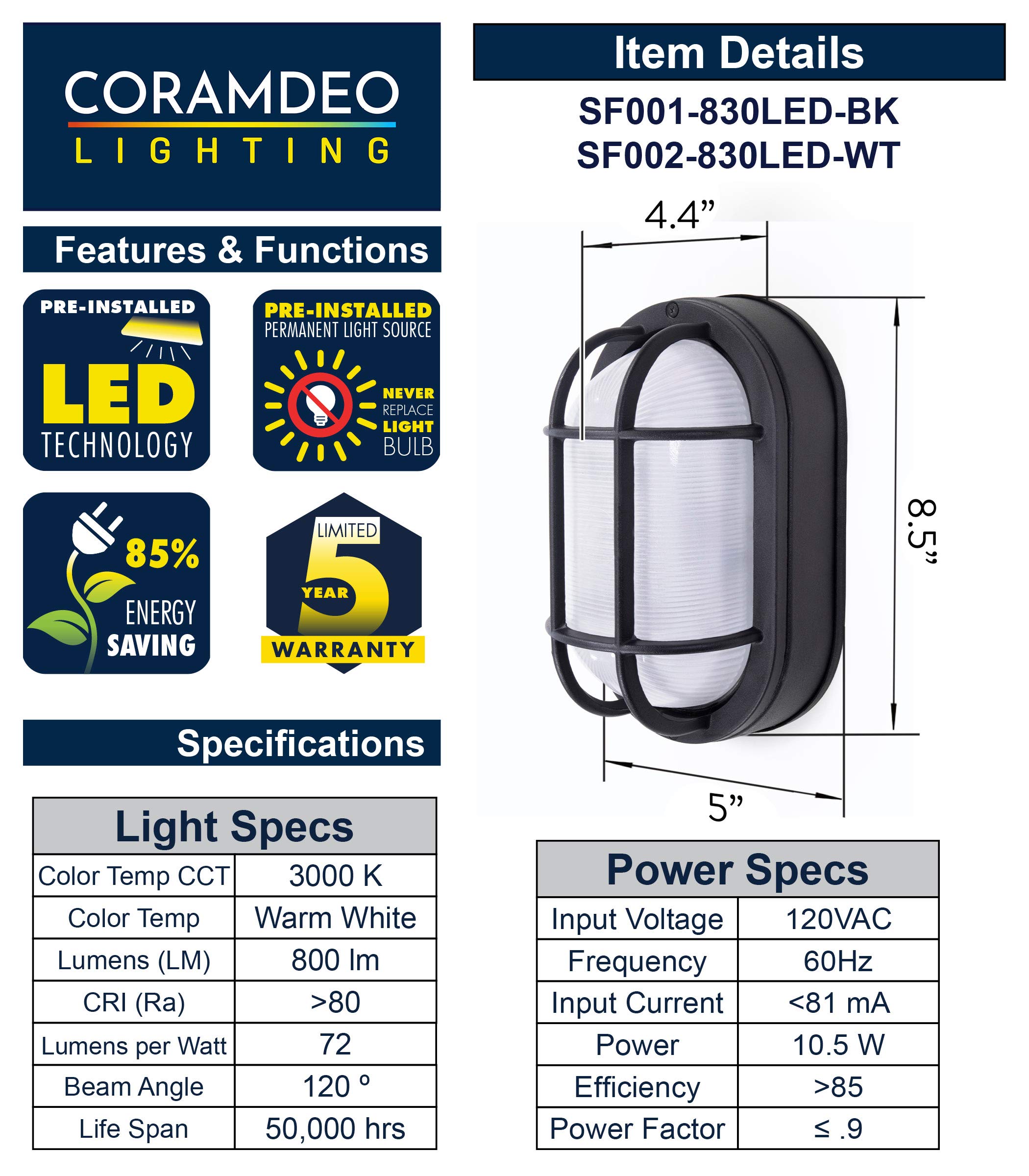 CORAMDEO Outdoor 8.5” Oval LED Nautical Bulkhead Light, Flush Mount for Wall or Ceiling, Wet Location, 75W of Light, 800 Lumens, 3K, Black Cast Aluminum with Frosted Glass Lens