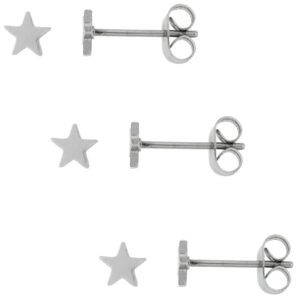 3 pair pack tiny stainless steel star stud earrings, 1/4 inch