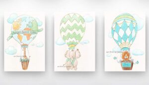 personalized set of 3 safari animals in hot air balloon thick wrapped canvases, baby giraffe, lion & elephant, custom name artwork gift, 5 sizes