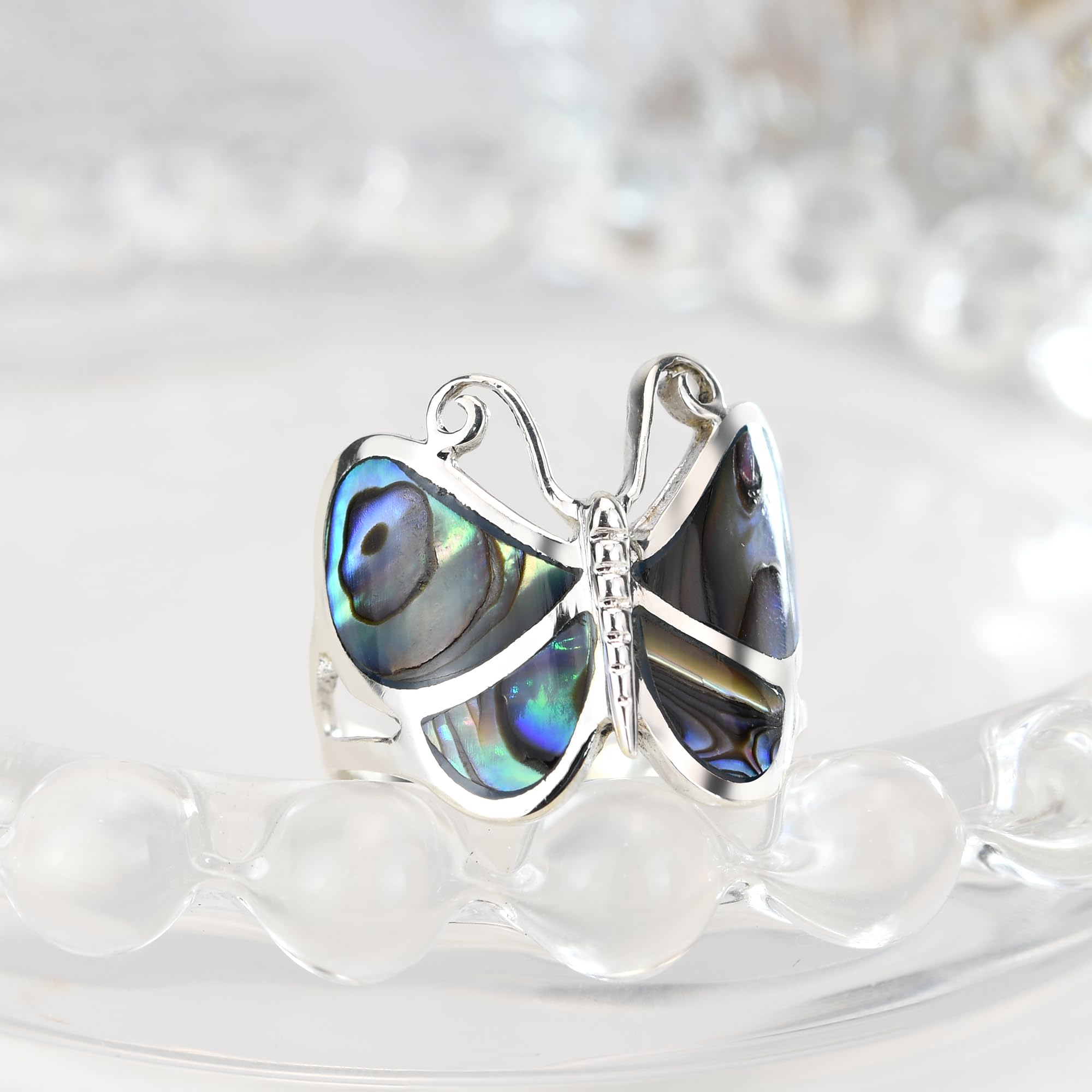 AeraVida Captivating Butterfly Motif Rainbow Abalone Statement .925 Sterling Silver Ring | Cute Wedding Rings For Women | Casual Comfort Fit Silver Rings for Women | Gift for Daughter | Ring Size (14)