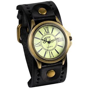 avaner unisex punk retro bronze round dial black wide leather belt strap cuff bracelet roman numerals analog quartz wrist watches