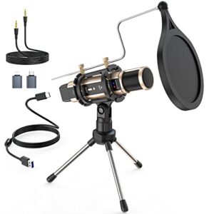 zealsound studio recording microphone, condenser broadcast microphone w/stand built-in sound card echo recording karaoke singing for phone computer pc garageband smule live stream & youtube (gold)