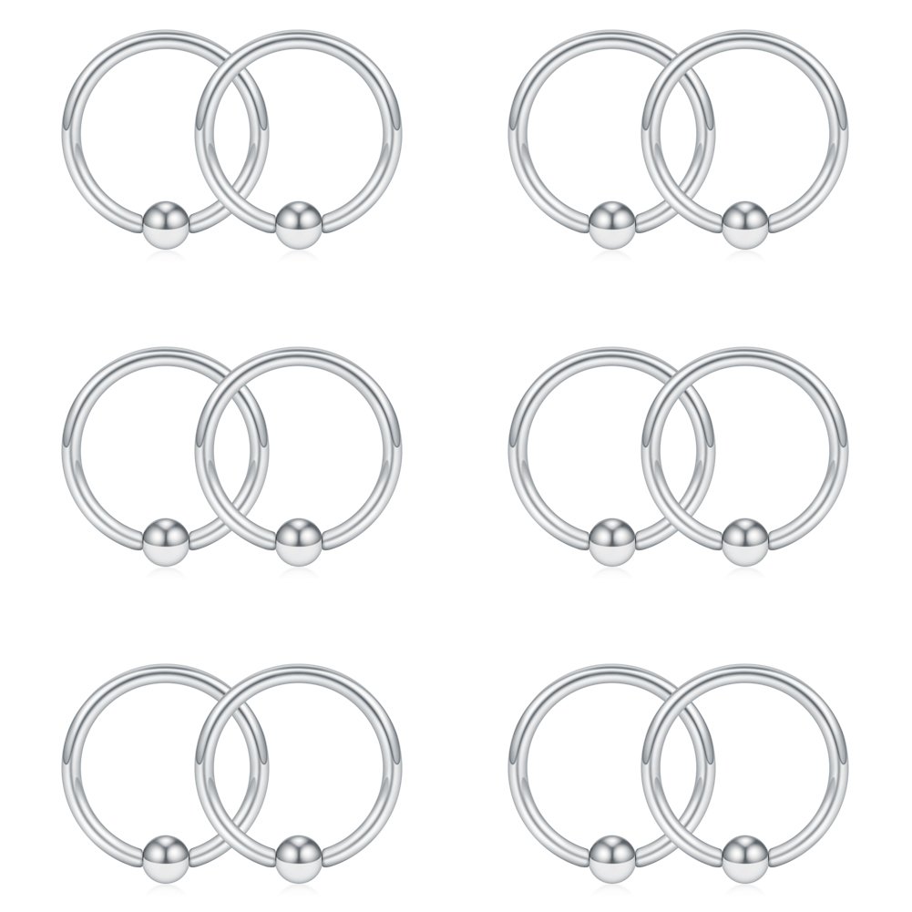 SCERRING 16G 10mm Captive Bead Piercing Ring Stainless Steel Nose Septum Tragus Daith Helix Lip Eyebrow Hoop Rings 12PCS (Silver)