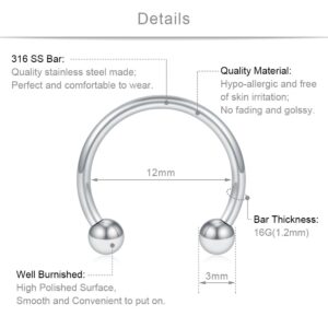 SCERRING 8PCS 16G Stainless Steel Nose Septum Horseshoe Earring Eyebrow Septum Lip Helix Tragus Cartilage Piercing Ring 6mm,8mm,10mm,12mm - Silver