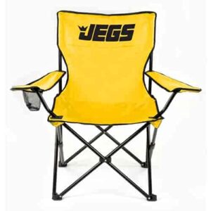 jegs folding chair | yellow canvas with black logo | black powder coated frame | capacity 250 lbs | total height 36” | includes mesh cup holder and storage bag with strap