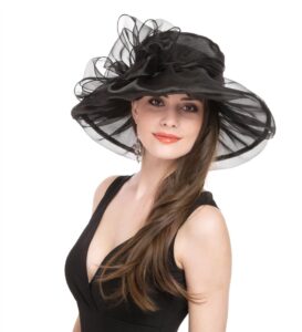 lucky leaf women church cap wide brim summer sun hat for party wedding(1-black)