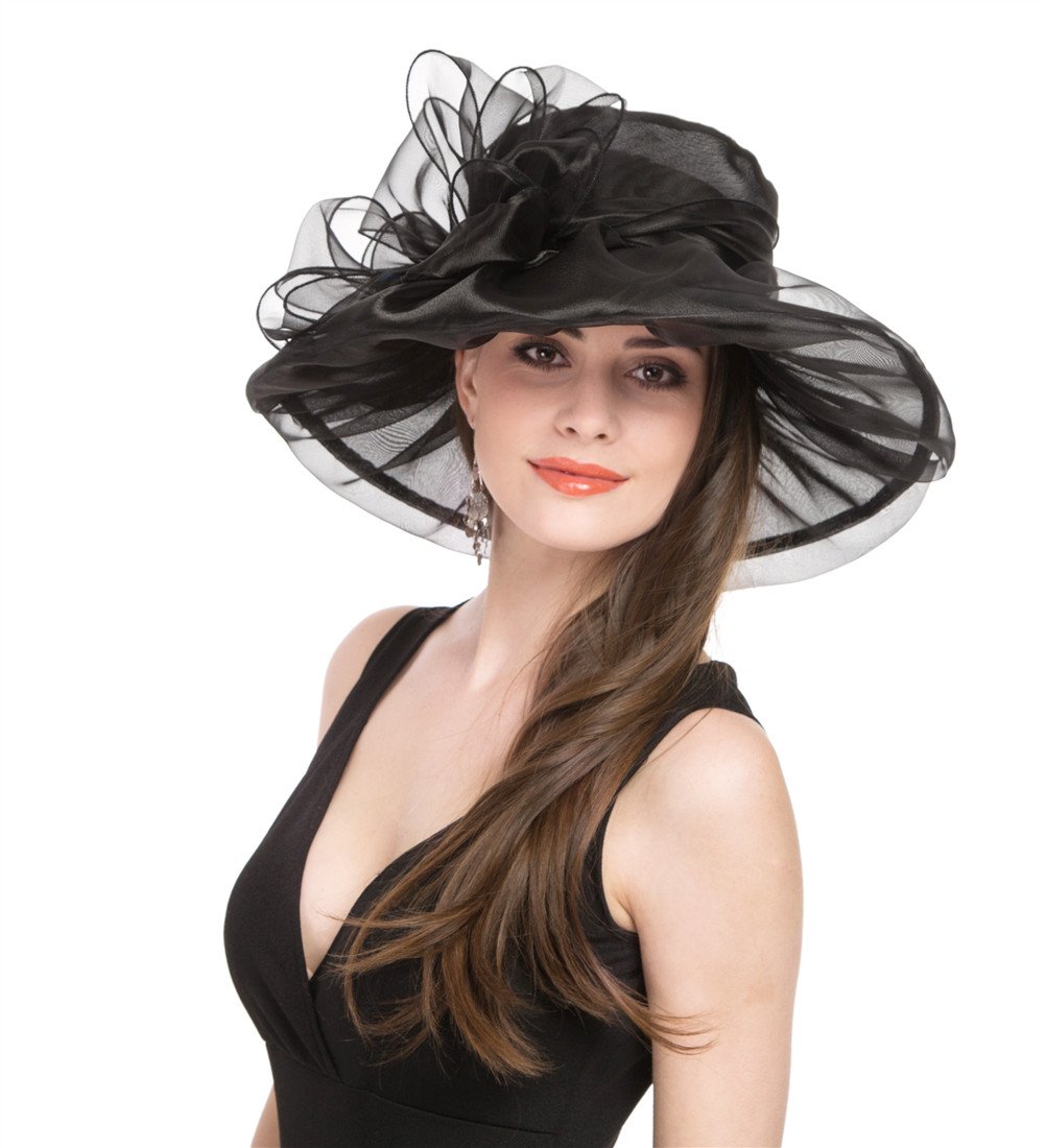 Lucky Leaf Women Church Cap Wide Brim Summer Sun Hat for Party Wedding(1-Black)