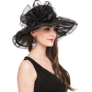 Lucky Leaf Women Church Cap Wide Brim Summer Sun Hat for Party Wedding(1-Black)