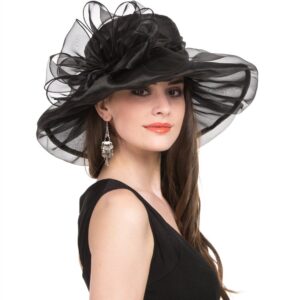 Lucky Leaf Women Church Cap Wide Brim Summer Sun Hat for Party Wedding(1-Black)