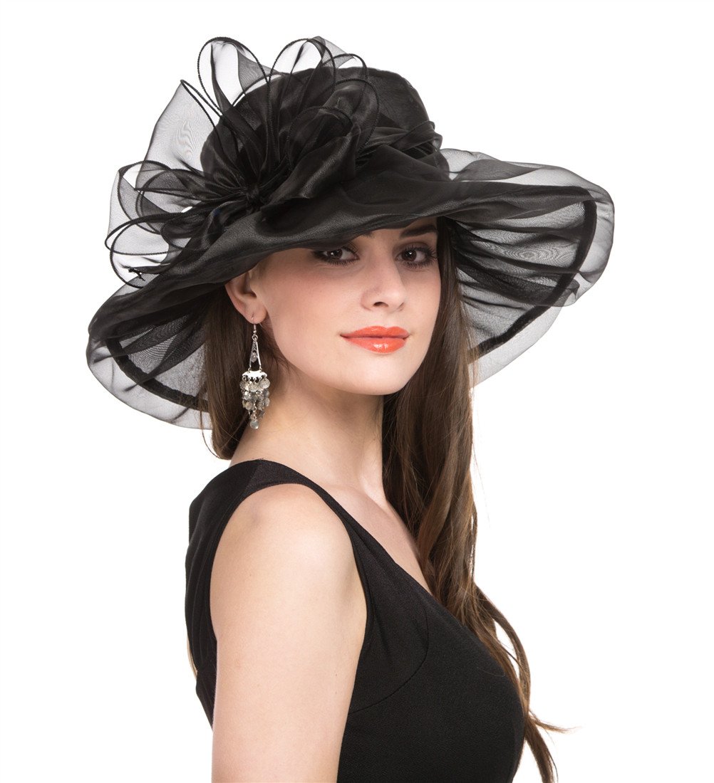 Lucky Leaf Women Church Cap Wide Brim Summer Sun Hat for Party Wedding(1-Black)