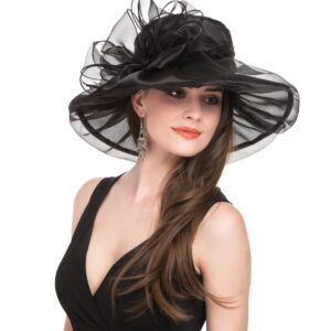 Lucky Leaf Women Church Cap Wide Brim Summer Sun Hat for Party Wedding(1-Black)