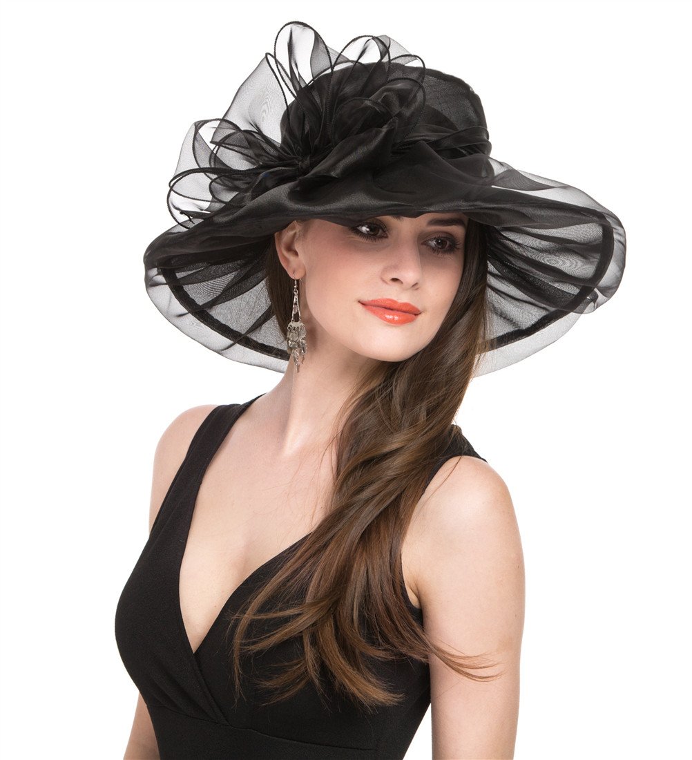 Lucky Leaf Women Church Cap Wide Brim Summer Sun Hat for Party Wedding(1-Black)