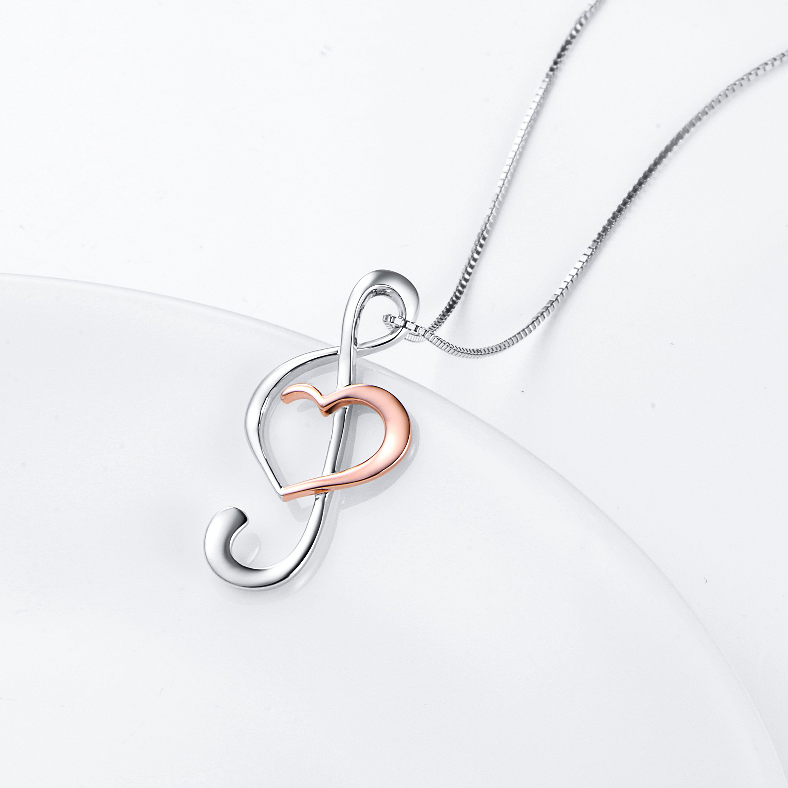 DAOCHONG 925 Sterling Silver Musical Note Treble Clef Rose Gold Plated Heart Pendant Necklace Jewelry for Women Graduation Christmas, Box Chain 18" (Rose Gold Plated)