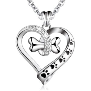 eudora 925 sterling silver necklace cute dog paws with bone, heart shape pendant 18", gift for dog owner