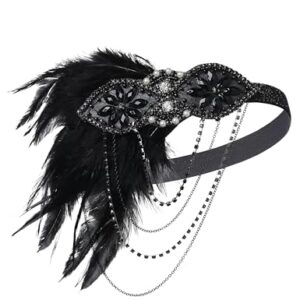 BABEYOND 1920s Flapper Headband 20s Great Gatsby Headpiece Black Feather Headband 1920s Flapper Gatsby Hair Accessories (Black)