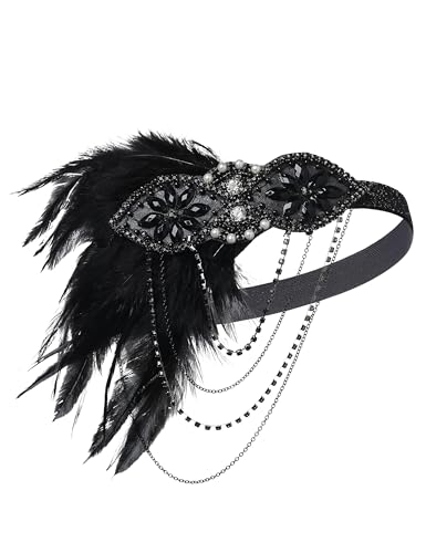 BABEYOND 1920s Flapper Headband 20s Great Gatsby Headpiece Black Feather Headband 1920s Flapper Gatsby Hair Accessories (Black)