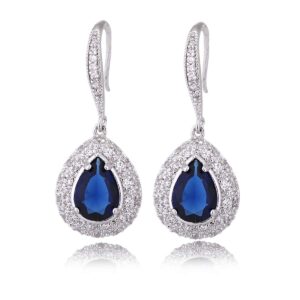 sapphire earrings for women - silver bridal teardrop blue crystal cubic zirconia drop earring for wedding party prom fashion jewelry for bride bridesmaids september birthstone birthday jewelry