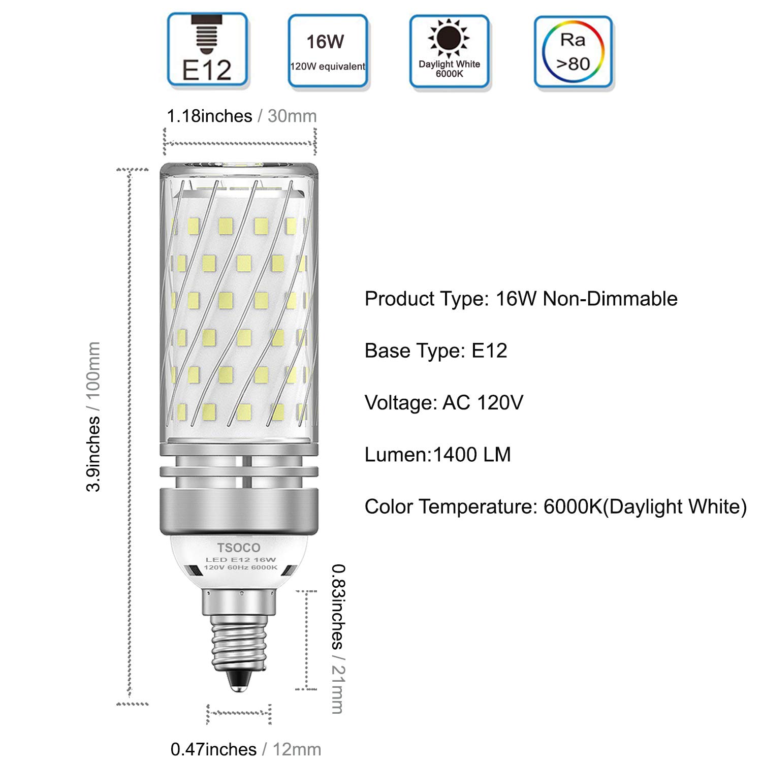 TSOCO E12 LED Bulbs,16W LED Chandelier Light Bulbs,120 Watt Equivalent,6000K Daylight White,1400LM,Non-Dimmable Ceiling Fan Light Bulbs,Pack of 3 (Daylight-16w)