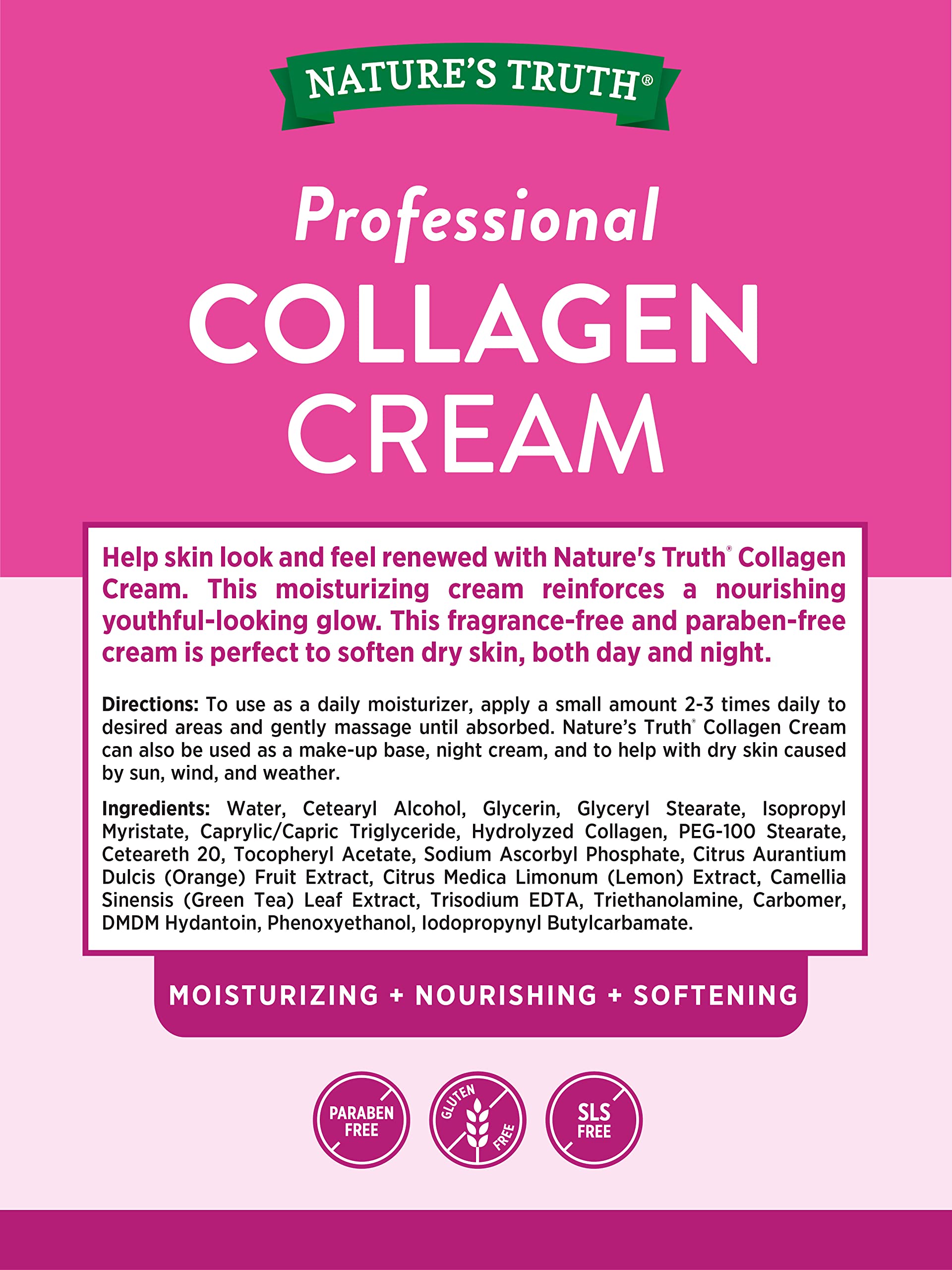 Collagen Cream | 4 oz | Professional Strength | Paraben & SLS Free, Gluten Free | For Face and Body | by Nature's Truth