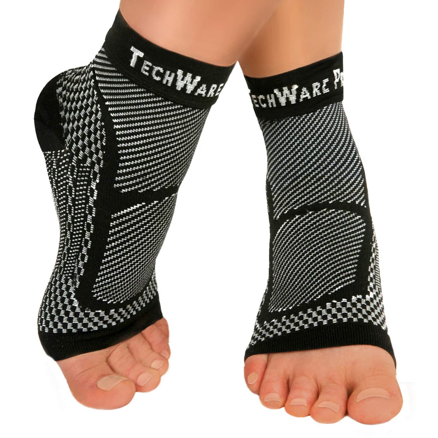 TechWare Pro Ankle Brace Compression Sleeve - Relieves Achilles Tendonitis, Joint Pain. Plantar Fasciitis Foot Sock with Arch Support Reduces Swelling & Heel Spur Pain. (Black/Gray XXL)