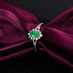 Lanmi 14K White Gold Natural Green Emerald Rings Diamond Engagement Wedding for Women Promotion