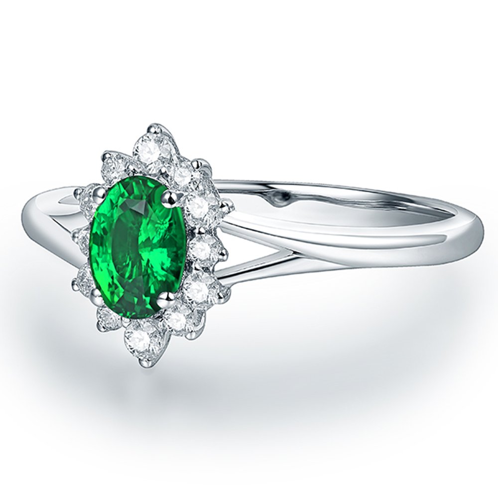 Lanmi 14K White Gold Natural Green Emerald Rings Diamond Engagement Wedding for Women Promotion