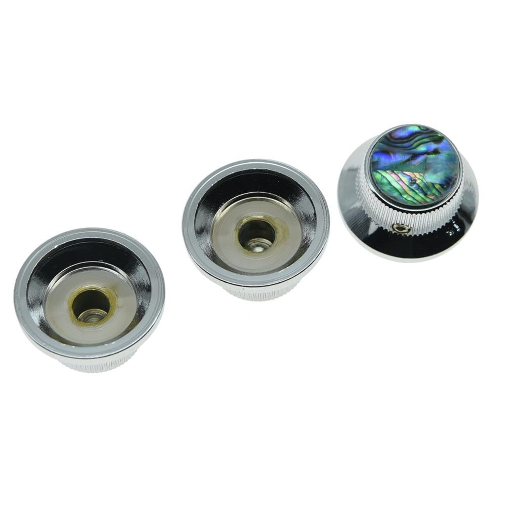 KAISH Set of 3 Set Screw Abalone Top Chrome Guitar Bass Knobs Strat Metal Knobs for 6mm Shaft Pots