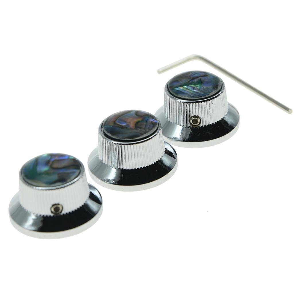 KAISH Set of 3 Set Screw Abalone Top Chrome Guitar Bass Knobs Strat Metal Knobs for 6mm Shaft Pots