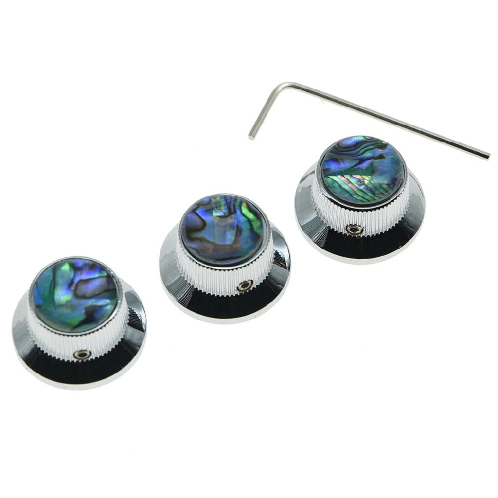 KAISH Set of 3 Set Screw Abalone Top Chrome Guitar Bass Knobs Strat Metal Knobs for 6mm Shaft Pots