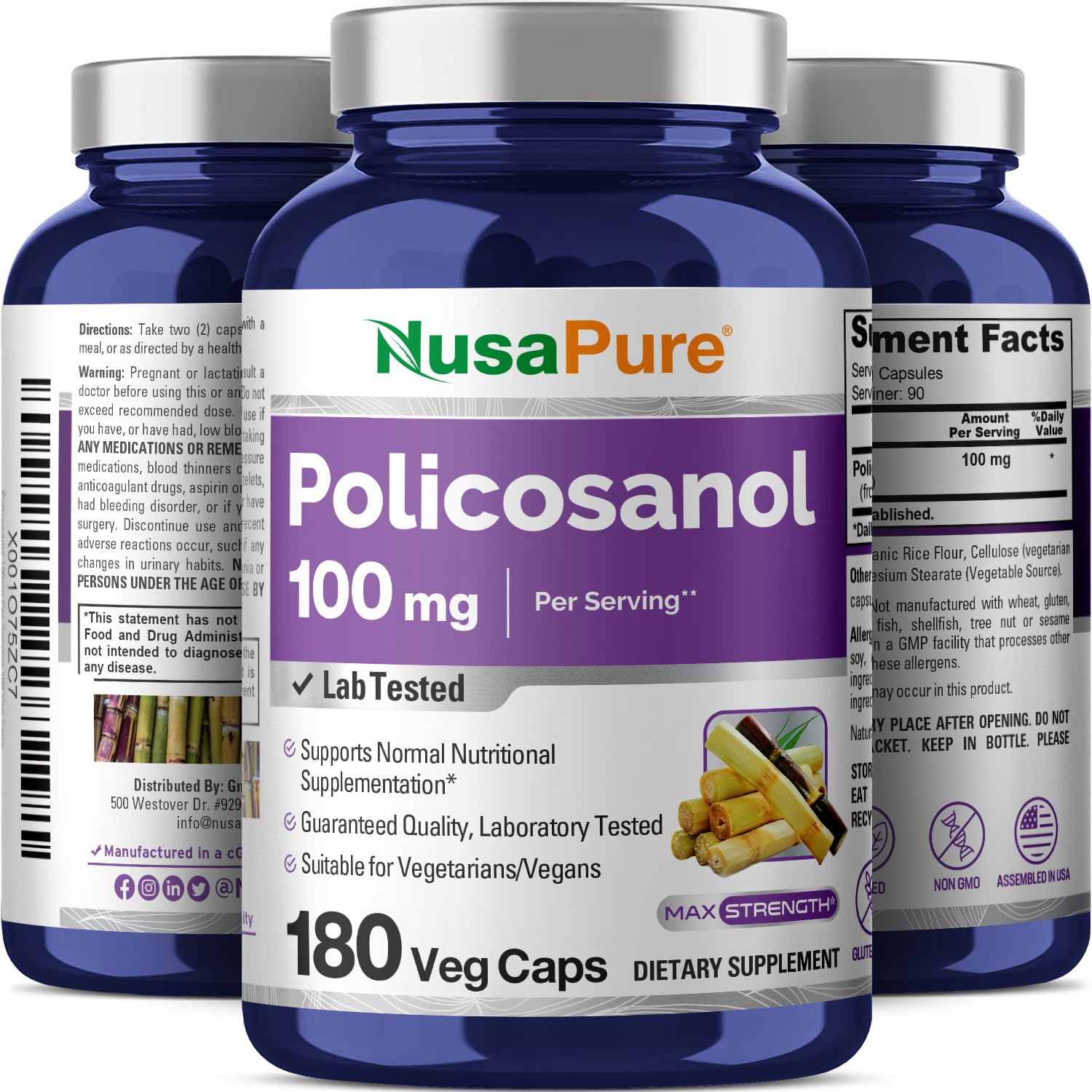 NusaPure Policosanol 100mg 180 Veggie Capsules (Vegan, Non-GMO, Gluten-Free)