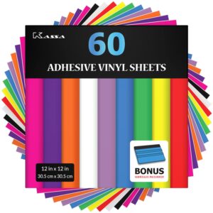 kassa 60-piece permanent vinyl sheets | 10 bold colors in 12" x 12" with a squeegee included | compatible with cricut, silhouette & other cutting machines | for diy art projects, styling & decorating