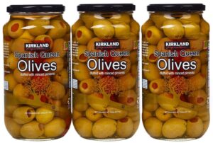 kirkland signature spanish queen olives stuffed with minced pimiento, 21oz glass jar (pack of 3, total of 63 oz)