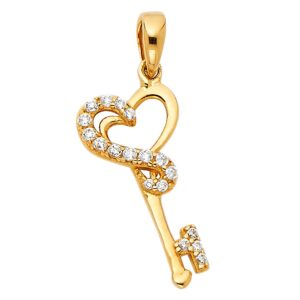 the world jewelry center twjc 14k real yellow gold cz key with heart charm pendant