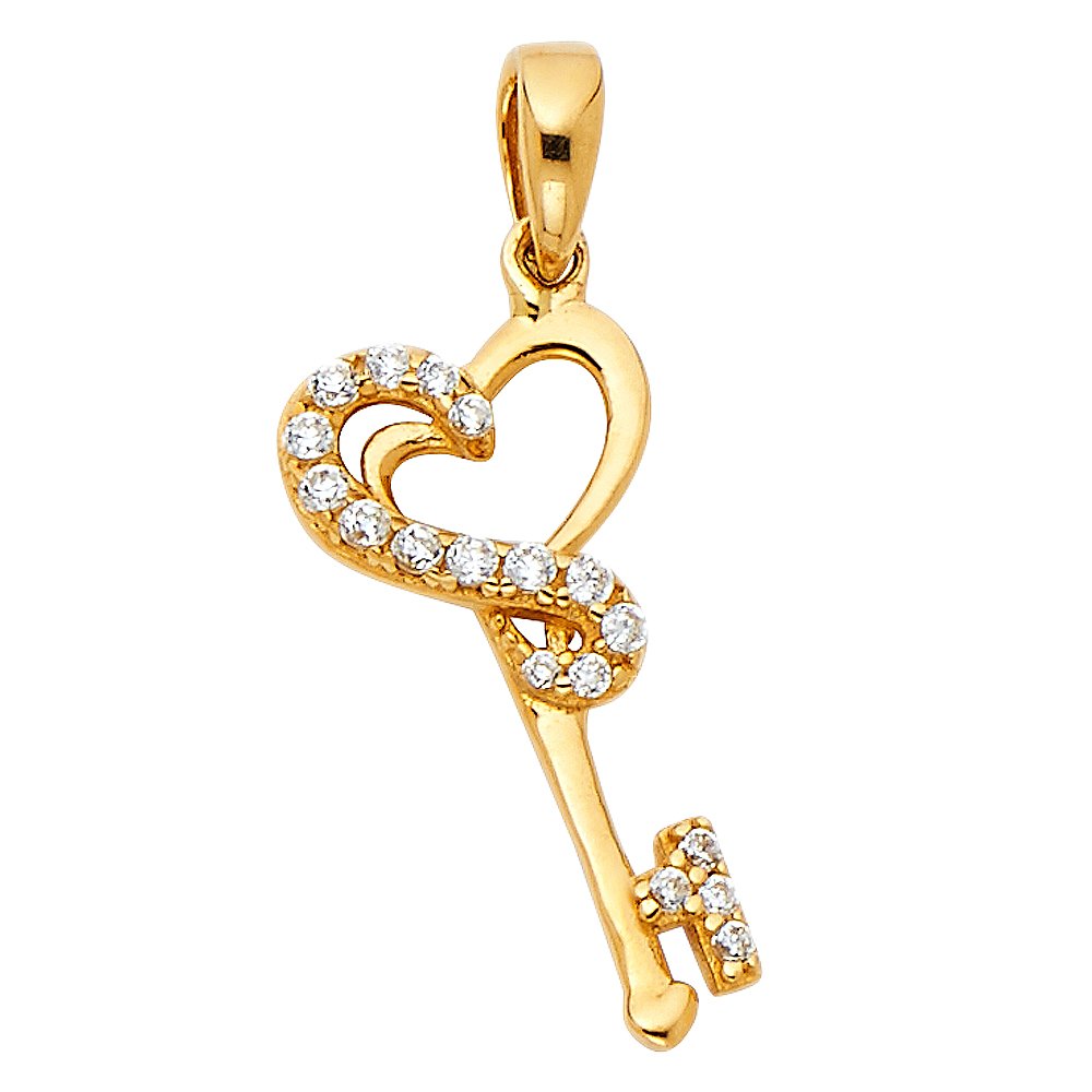 The World Jewelry Center TWJC 14k REAL Yellow Gold CZ Key with Heart Charm Pendant