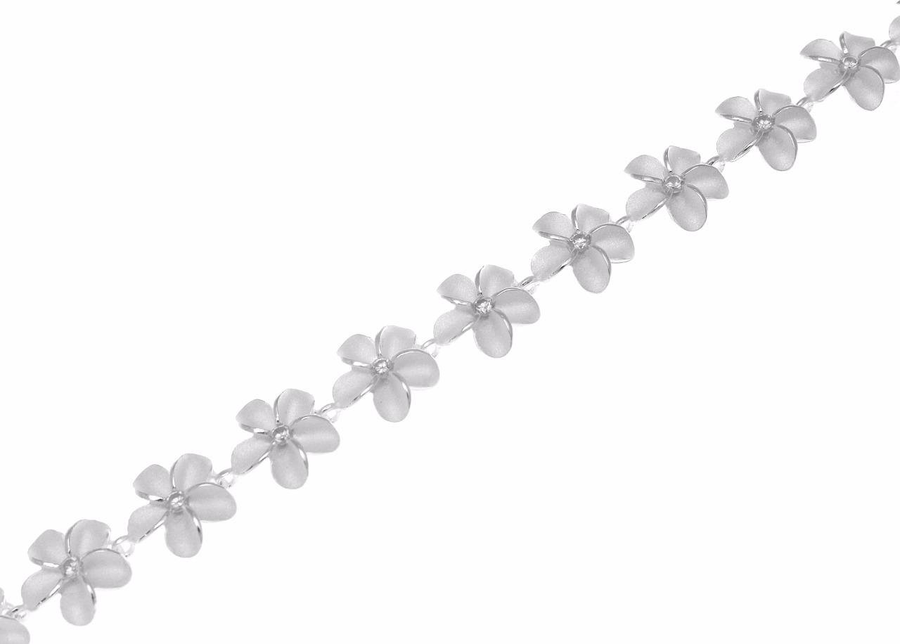 Arthur's Jewelry 925 sterling silver Hawaiian plumeria flower link bracelet cz 10mm 7"