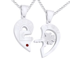 affy round simulated red garnet i love you heart couple pendant necklace in 14k white gold over sterling silver