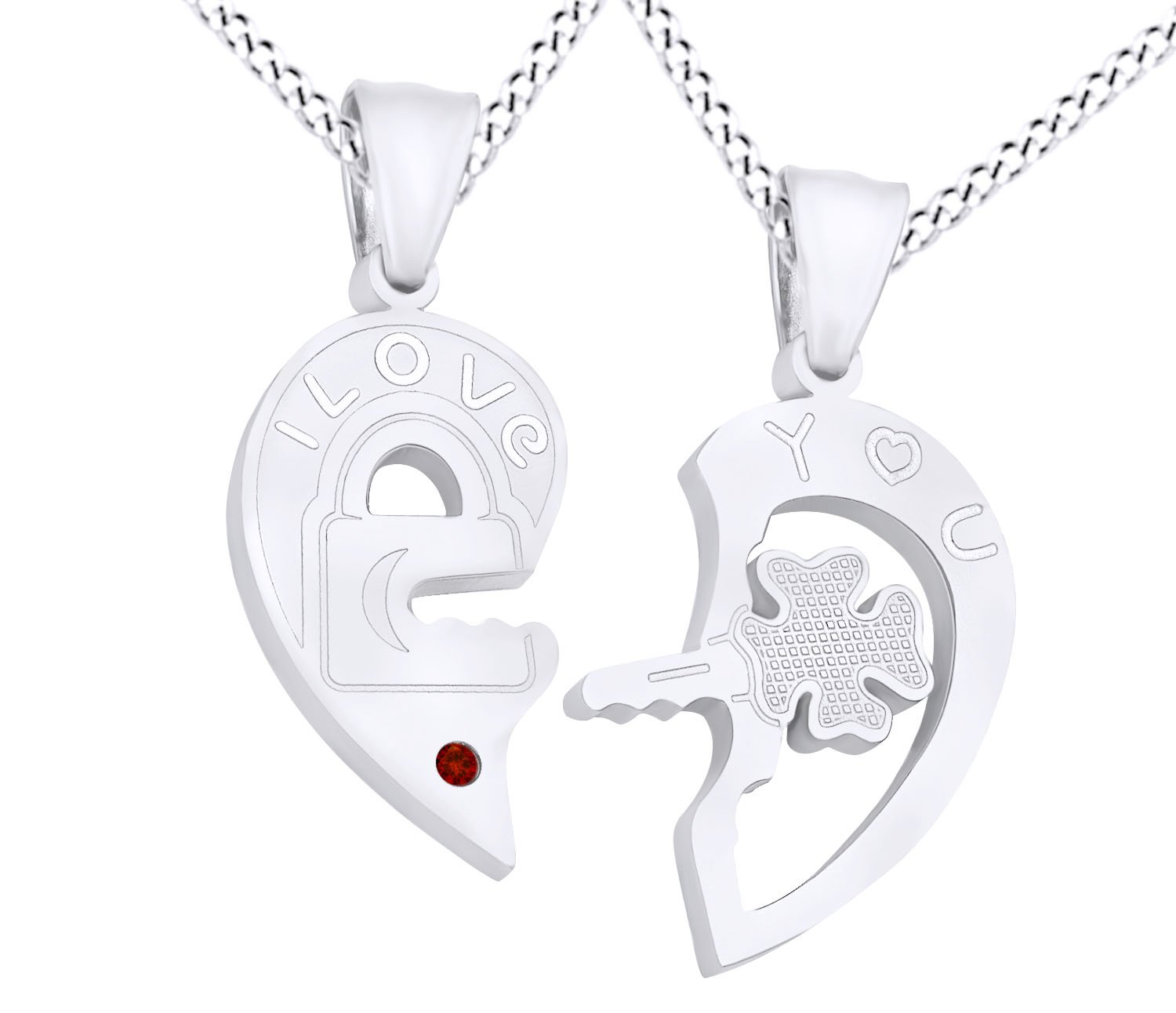 AFFY Round Simulated Red Garnet I Love You Heart Couple Pendant Necklace in 14K White Gold Over Sterling Silver