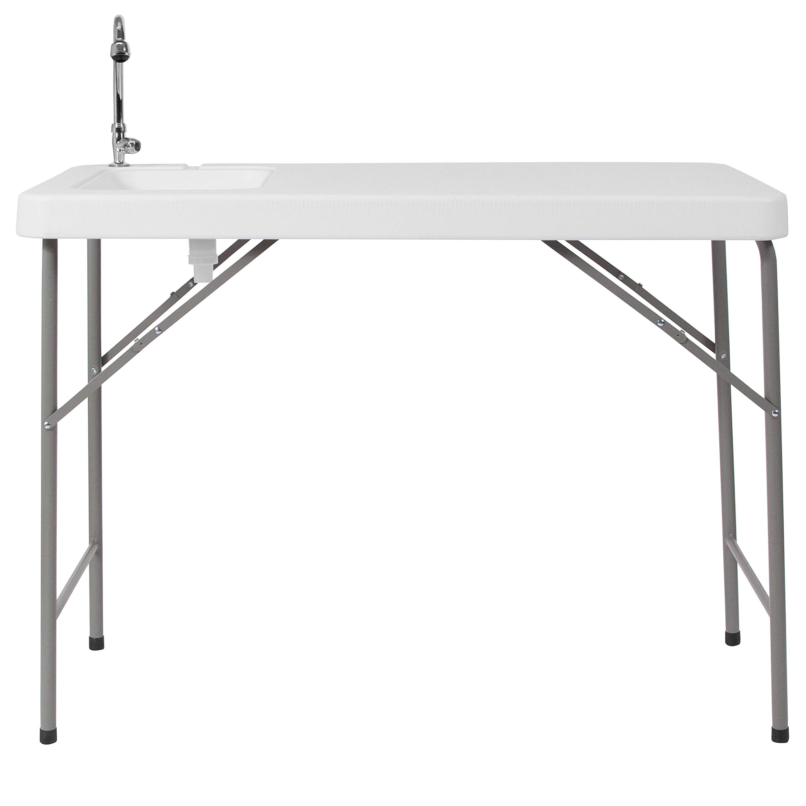 Flash Furniture Wesley 4' Portable Fish Cleaning Table with Sink, Outdoor Portable Folding Camping Sink Table with Faucet, and Hose Attachment, White